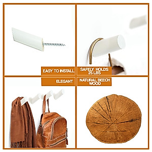 barilo Wood Wall Hooks, 6 Pack Hat Hooks for Wall | White Coat Hooks Wall Mounted | Modern, Decorative Wooden Wall Hangers | Hook for Hanging Backpage, Robe, Hat, Towel, Coat, Purse, Bag