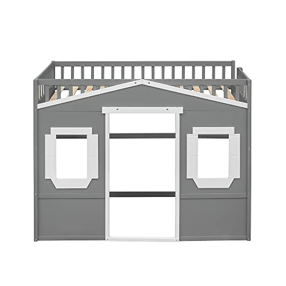 BOVZA Twin Size Wood House Loft Bed with Ladder, Kids Playhouse Bed with Window for Girls Boys, Gray+White