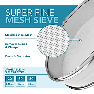 Vollum Stainless Steel Flour Sifter Fine Mesh Round Flour Sifter for Baking 8" Diameter x 2.5" High; Mesh-Hole Size 0.85mm