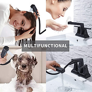 KAIYING 2 Handle Centerset Bathroom Sink Faucet, Black Bathroom Faucet 3 Hole with Pull Out Sprayer, 4 Inch Lavatory Faucet, Modern Vanity Faucet, Mixer Tap for Hot and Cold Water