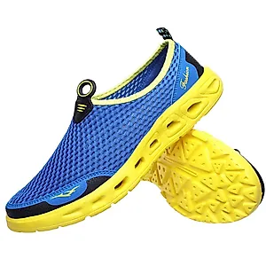 Men's Women's Quick Dry Mesh Water Shoes Comfort Breathable Barefoot Slip on Sneakers for Walking Running Hiking Beach Swim Surf Boating (Blue Yellow 44)