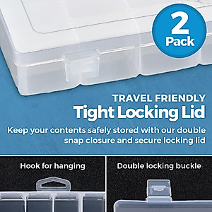 36 Grid Clear Plastic Organizer - Pack of 2- Bead Storage, Craft Organizer, DIY Small Parts Organizer, Jewelry Box, Fishing Tackle Box, Sewing, Nail Storage w/Adjustable Dividers & 5 Sticker Labels