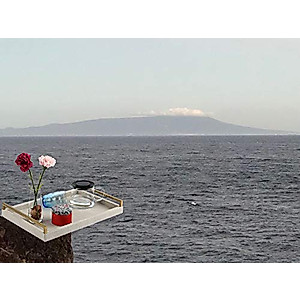 WV Ivory Faux Shagreen Decorative Tray PU Leather with Brushed Gold Stainless Steel Handle for Coffee Table, Ottoman, Console Table （Ivory