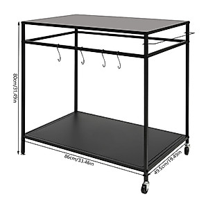BILPIKOGoo Outdoor Grill Cart Pizza Oven Table, Double Shelf Movable Cooking Cart with 4 Hooks, Pizza Oven Stand Trolley Worktable Trolle for Kitchen, Outside or Backyard Patio, Black