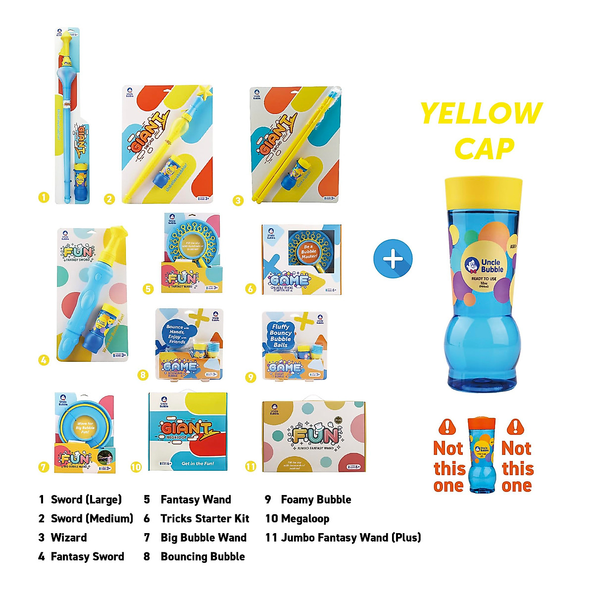 Uncle Bubble Giant Bubble Wands | 3-Piece Set Pack - includes Wand, Big Bubble Sword and 8oz Ultra Bubble Solution | Outdoor Toy for Kids, Boys, and Girls (Giant Bubble Wands, UB112, 1, UB112)