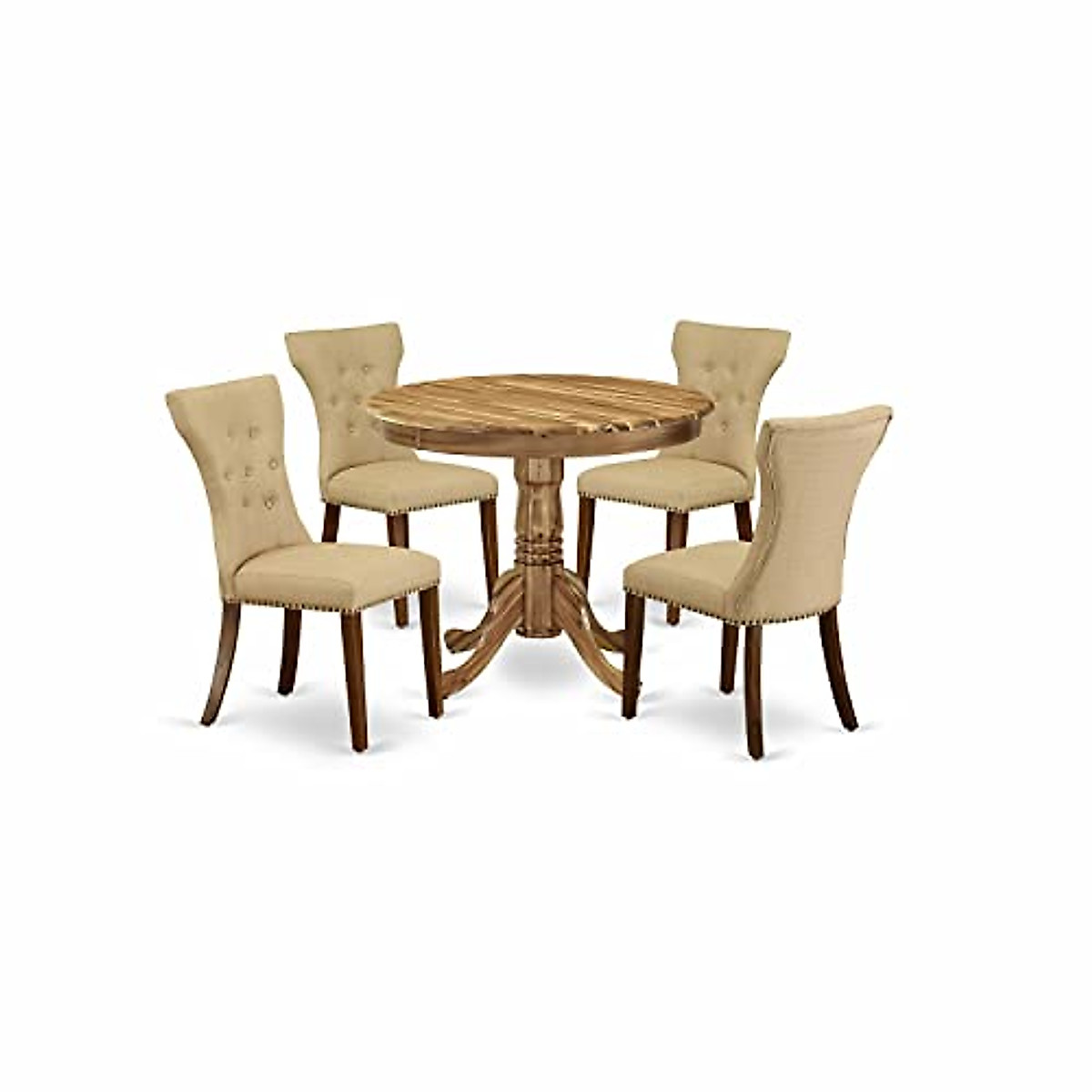 East West Furniture ANGA5-ANA-03 5 Piece Dining Set for 4 Includes a Round Kitchen Table with Pedestal and 4 Brown Linen Fabric Upholstered Parson Chairs, 36x36 Inch, Natural