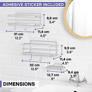 KINCMAX Shower Caddy and Soap Holder, Rustproof SUS304 Stainless Steel, Adhesive Wall Mount Double Baskets 2-pack with Hooks (Polished Silver)