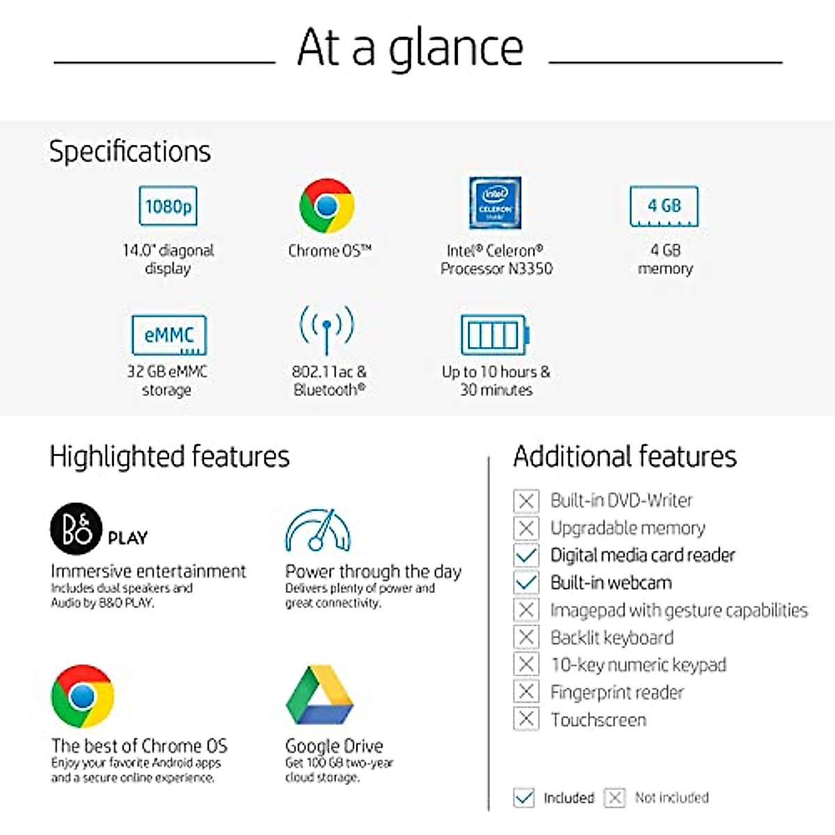 HP 14 14" HD Chromebook, Intel Celeron N3350 Dual-core, Intel HD Graphics 500, 4GB RAM 32GB eMMC, Bluetooth, Built-in Webcam, HDMI, Chrome OS, Snow White