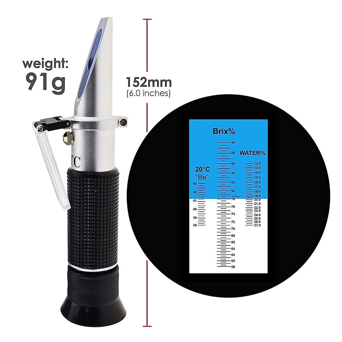 3-in-1 Honey Refractometer Brix/Moisture/Baume Tester Meter ATC, Tri-Scale 58-90%/12-27%/38-43Be', Sugar Water Content Level Beekeeping Maple Syrup, Test Kit w/Calibration Oil & Block