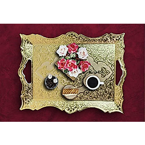 ChanceGift Turkish Tea Coffee Beverage Dinning Gold Serving Tray and Platters with Handled Ottoman Motif Decorative Middle Table Rectangular (16.1x11.6x1Inc) 40x29.5x2cm