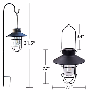 Hanging Solar Lights Lantern Lamp with Shepherd Hook,Metal Waterproof Edison Bulb Lights for Garden Outdoor Pathway (Black)