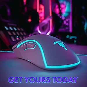 Tilted Nation White Gaming Mouse Wired, LED RGB Mouse for PC Gamers w/Lightweight Paracord Cable USB, 7 Programmable Buttons, Ergonomic Side Grips, 10K DPI, Mechanical Switches - White Mouse