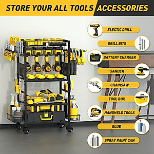 Mefirt Power Tool Organizer Cart, Heavy Duty 5 Tier Rolling Tool Cart on Wheels, Garage Floor Standing Rolling Storage Cart with Drill Set Rack, Mechanic Utility Cart for Workbench & Outdoors Working