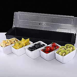 5 Compartment Plastic Dispenser Fruit Veggie Condiment Caddy with Lid，Ice Cooled Condiment Serving Container Chilled Garnish Tray Bar Caddy for Home Work or Restaurant (Black)