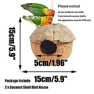 PINVNBY Natural Coconut Bird Hide Nest Hut House Coconut Shell Breeding Bird Nest Coconut Fiber Hanging Birdhouse Cage Habitats Decor for Pet Parrot Budgies Parakeet Lovebird Finch Canary(2 Packs)