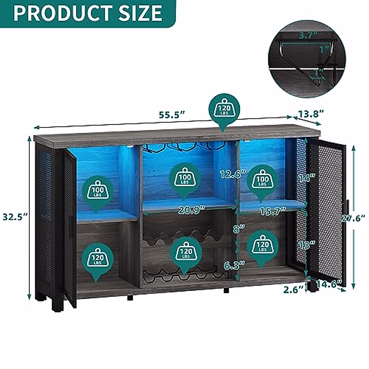 YITAHOME Bar Cabinet w/LED Lights for Liquor and Glasses, Coffee Bar Cabinet w/Wine Racks, Mesh Door, Glass Holders, Industrial Storage Buffet Cabinet for Kitchen, Dining Room, Living Room, Dark Gray