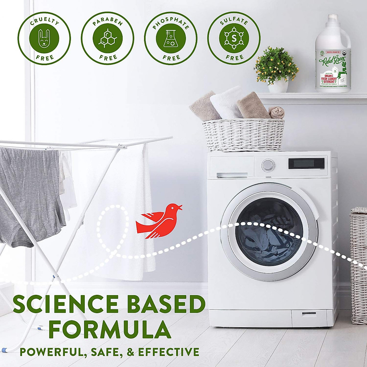 Rebel Green Laundry Detergent, Organic and Sulfate Free Hypoallergenic Laundry Soap, Unscented, 64 Load Bottle