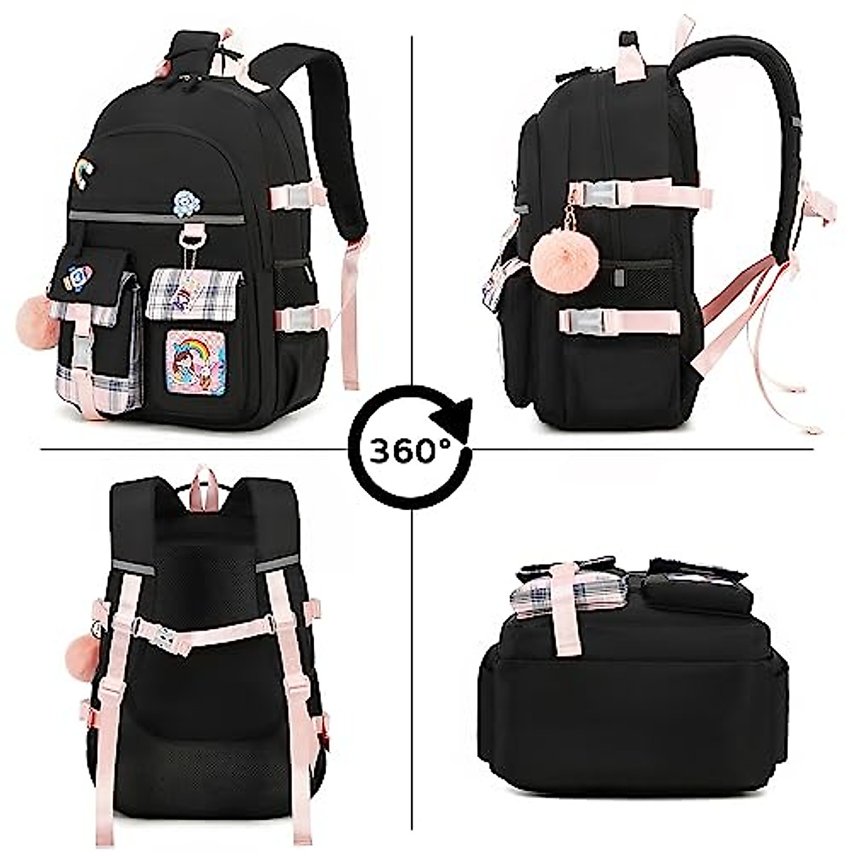 Hey Yoo Cute Backpack for School Backpack for Girls Backpack with Lunch Box Bookbag Set Kids Backpacks for Teen Girls (Black)