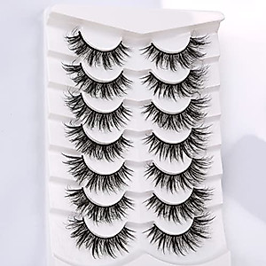 Pooplunch False Eyelashes Wispy Mink Lashes Cat Eye Look 8D Volume Fluffy Natural Fake Eyelash Faux Mink Lashes 7 Pairs Pack