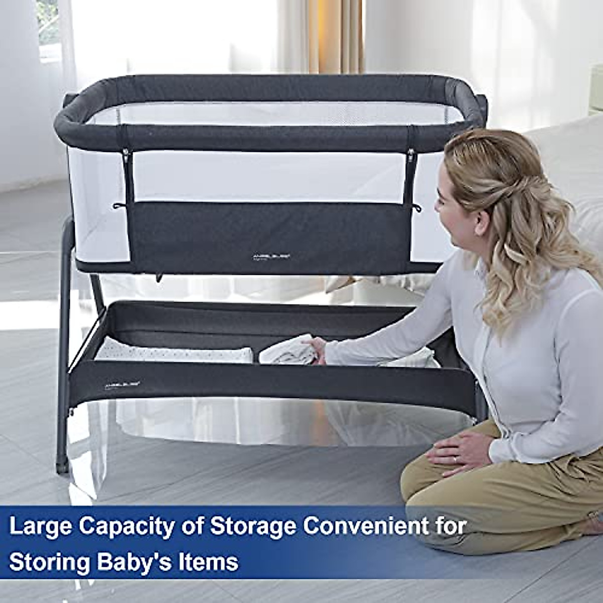 ANGELBLISS Baby Bassinet Bedside Crib with Storage Basket and Wheels, Easy Folding Bed Side Sleeper Adjustable Height Portable Crib for Newborn