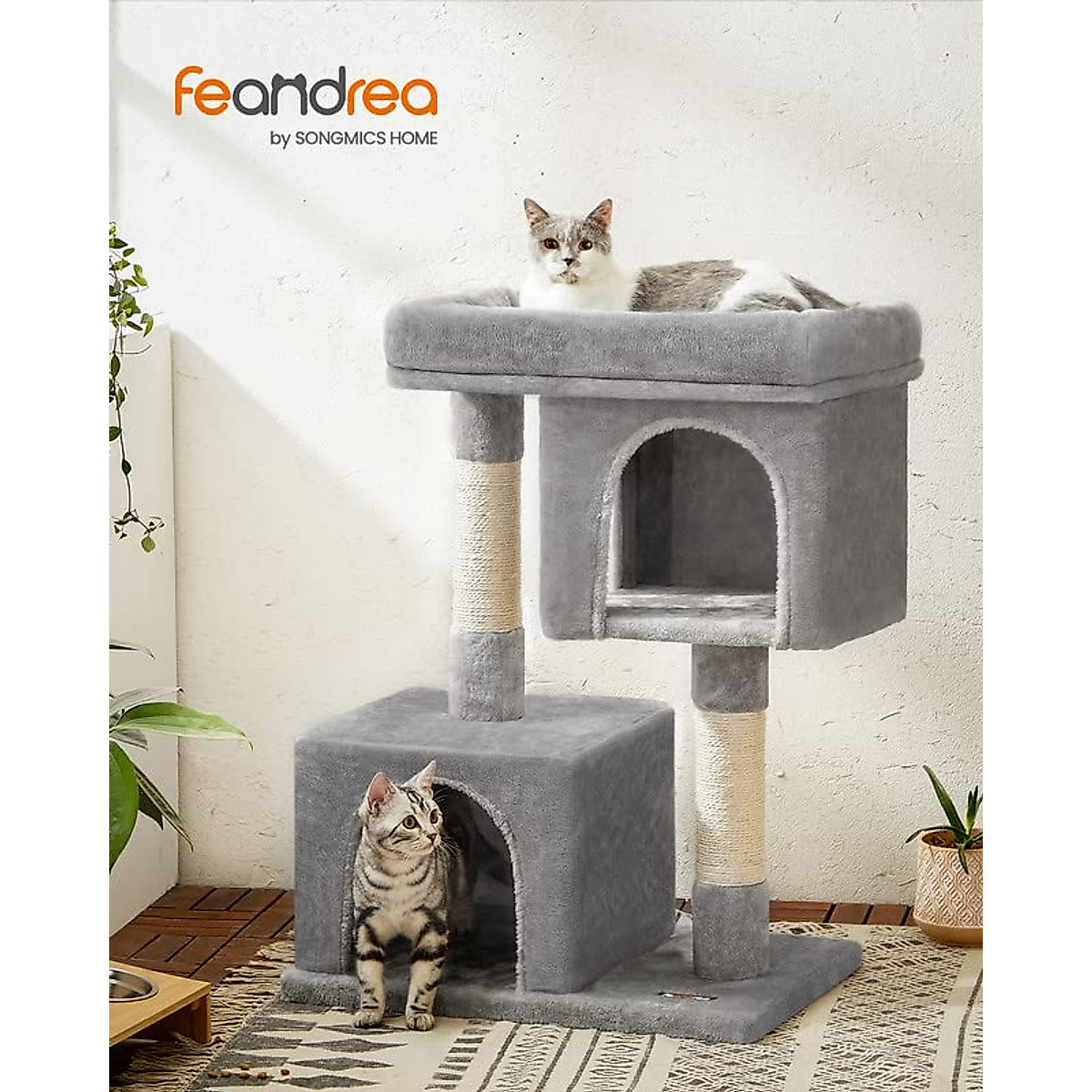 Feandrea Cat Tree, 33.1-Inch Cat Tower, L, Cat Condo for Large Cats up to 16 lb, Large Cat Perch, 2 Cat Caves, Scratching Post, Light Gray UPCT61W