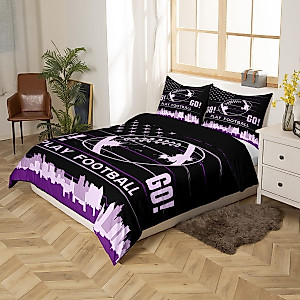 Feelyou Football Bedding Set Full Size American Flag Sports Duvet Cover Set for Kids Boys Girls Teens Toddler Black Purple Comforter Cover Set Rugby Ball Game Bedspread Cover 3Pcs Zipper