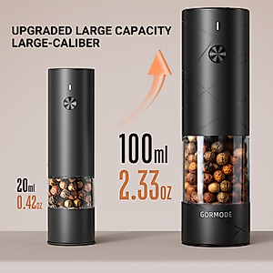 Large Capacity Electric Salt and Pepper Grinder Set – USB Rechargeable Salt Pepper Grinder Set of 2 – 6-Level Adjustable Coarseness–Automatic Salt Grinder and Pepper Mill – Easy One-Hand Operation