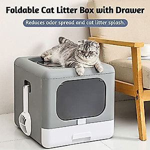 Fhiny Foldable Cat Litter Box with Lid, Enclosed Drawer Kitty Litter Pan Front and Top Entry Door Cat Potty with Plastic Scoop Anti-Splashing No Smell Easy to Scoop