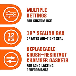 PrimalTek Basic Vacuum Sealer – User Friendly for Food Preservation & Sous Vide, 12” Sealing Bar, 21inHg Vacuum Pressure – Easy-Touch Control Panel Buttons, Seals up to 100 Vacuum Bags Per Hour