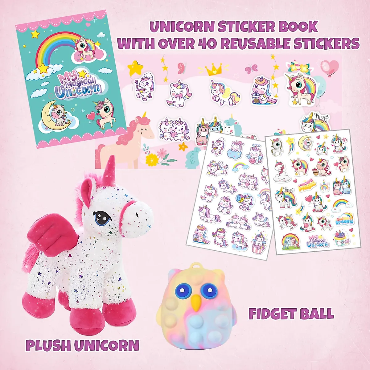 Unicorn Surprise Box Toy Set, Unicorn Stuffed Animal, Sticker Book with Reusable Stickers, Bonus Gifts, Plush & Toy Set for Girls Birthdays Parties Christmas Easter