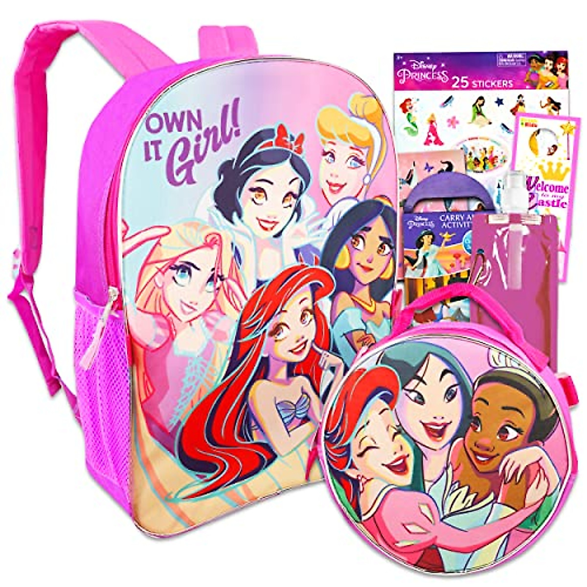 Disney Princess Backpack 6 Pc Activity Bundle with 16" Backpack, Lunch Bag, Water Pouch, and More (Disney Princess School Supplies)