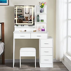 Lucaseone Vanity Table with Lighted Mirror, Makeup Vanity with Lights and Drawers, Vanity Desk Dressing Table with Cushioned Stool for Bedroom (3080 LED White)