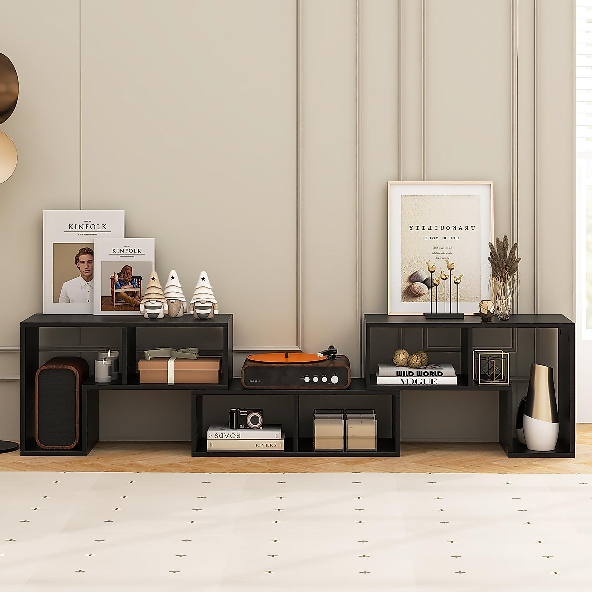 Tangkula 3 Pieces Console TV Stand, Free-Combination Entertainment Center for 50 55 60 65 Inch TV, Minimalist Modern TV Table Media Stand, DIY Open Storage Bookcase for Living Room (Black Wood Grain)