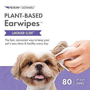 Petkin Plant-Based EarWipes, 80 Wipes - Biobased & Sustainable Pet Ear Wipes for Dogs & Cats - Cleans Ear Area, Dirt, Odor & Wax - Consciously Cleans & Conditions - Easy to Use - Lavender