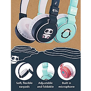Planet Buddies Cute Panda On-Ear Bluetooth Headphones for Kids | Foldable Wireless Kids Headphones | Kids Headset with Microphone for Tablets and Phones | Child-Safe Volume for School, Music & Calls