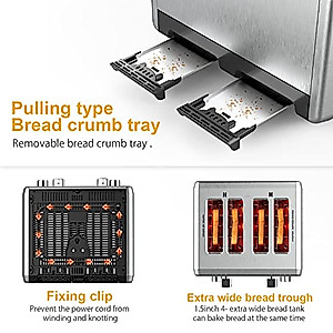 Toaster 4 Slice ,whall Stainless Steel,Toaster-6 Bread Shade Settings,Bagel/Defrost/Cancel Function with Dual Control Panels,Extra Wide Slots,Removable Crumb Tray,for Various Bread Types 1500W