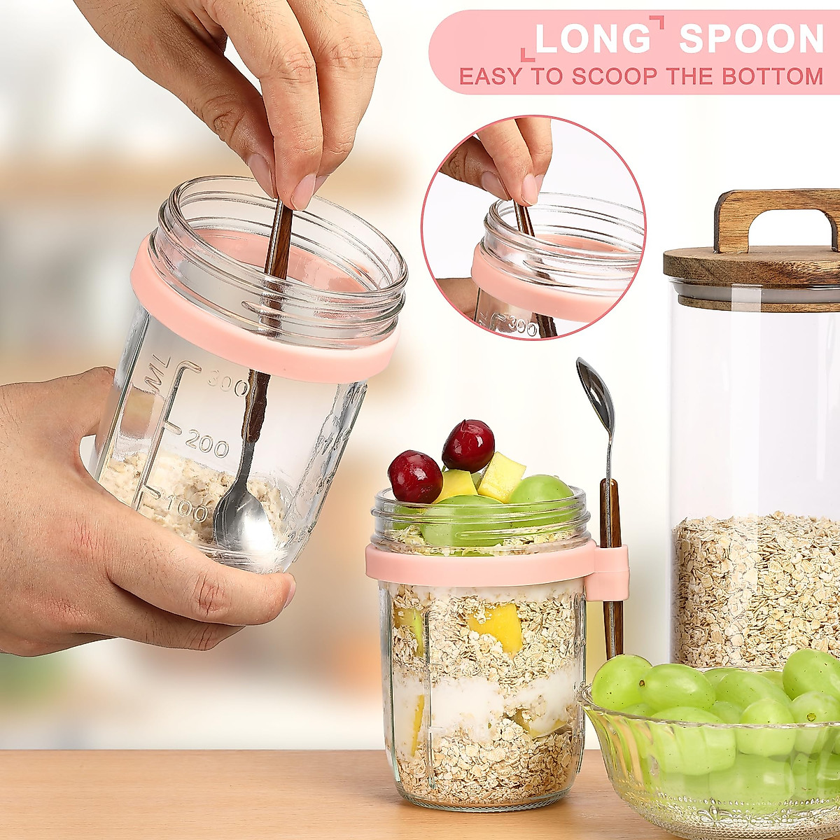 KAIZHOUZHOU 16oz Glass Mason Overnight Oats Jars, Cereal, Yogurt, Salad Lunch,Glass Overnight Oats Containers with Lids and Spoon, Container with Measurement Marks -(Yellow&Pink&White&Gray-4Pcs)