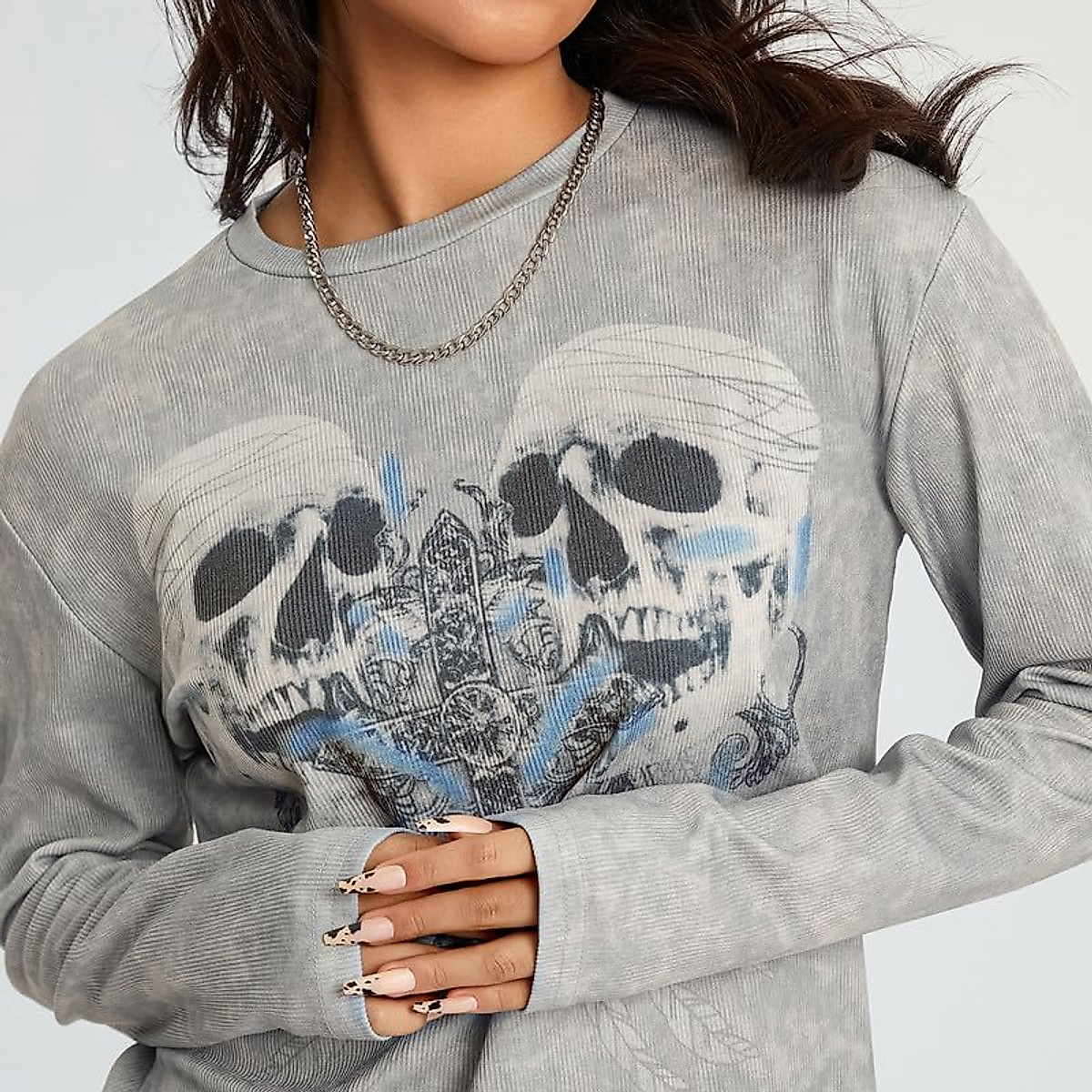 Women Goth T-Shirt Y2k Harajuku Graphic Tops Fairy Shirt for Women Long Sleeve Vintage Print Top Streetwear(A- Gray 1,S)