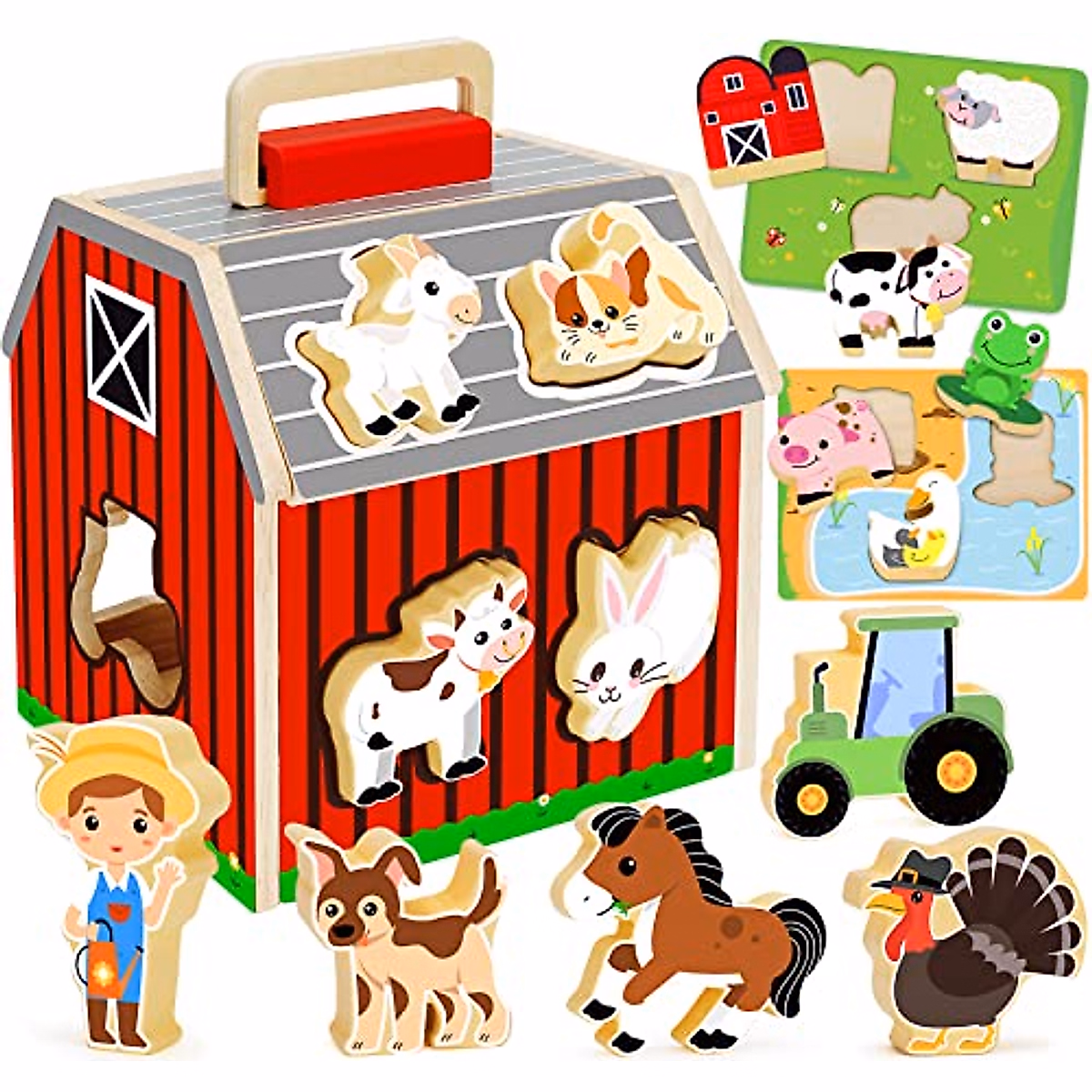 Wooden Farm Animals Toys for 1 2 3 Year Old Girl Boy, Take-Along Sorting Barn Toy with Baby Chunky Puzzles, Montessori Learning Toys for Fine Motor Games, Christmas Birthday Gifts for Toddlers 1-3