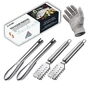 5 Pieces Fish Scaler Remover with Stainless Steel Sawtooth Easily Remove Fish Cleaning Scales Kit,Kitchen Fish Scaler Tool with Cut Resistant Gloves, Suitable for All Kinds of Fish