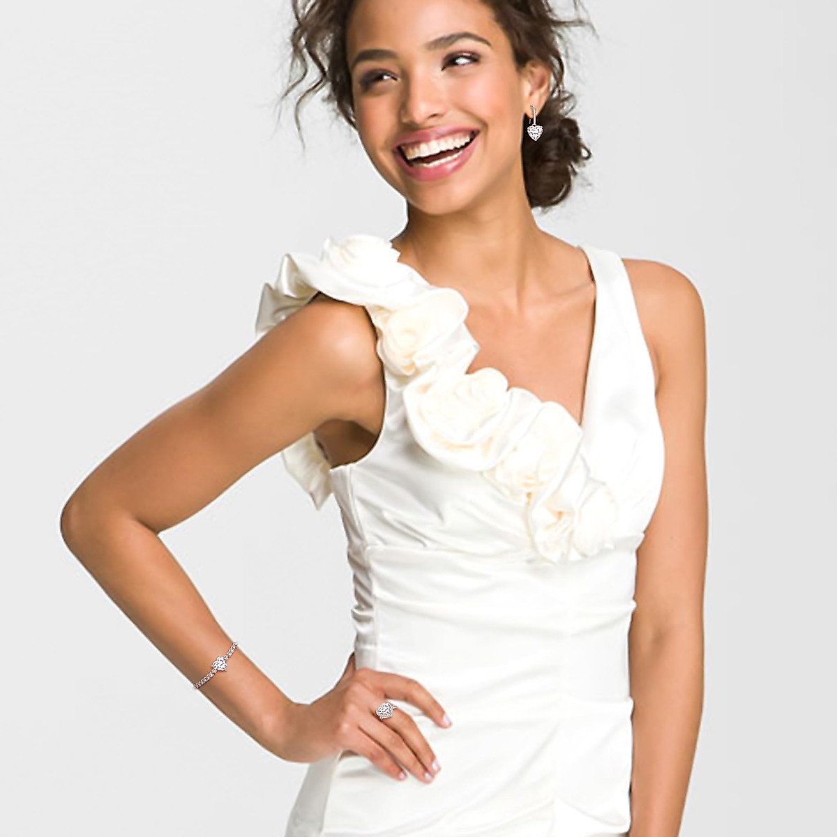 Crysdue Silver Heart Jewelry Set, Cubic Zirconia Dangle Earrings Open Ring Tennis Bracelet Birthday Anniversary Mothers Day Christmas Jewellery Gift for Women/Mom/Wife/Friend