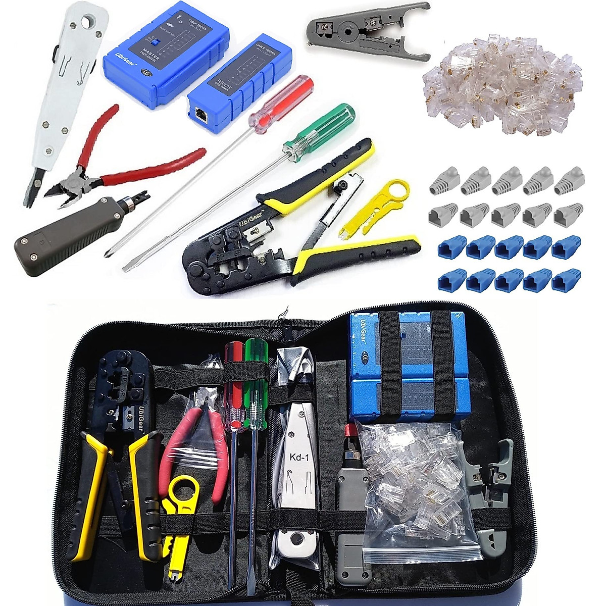 UbiGear® Network/Phone Cable Tester + RJ11/RJ12/RJ45 Network Cable Crimper + RJ45 CAT5e Connectors Plugs/Boots Stripper Network Tool Kits (Premium 568 Tool Kits)