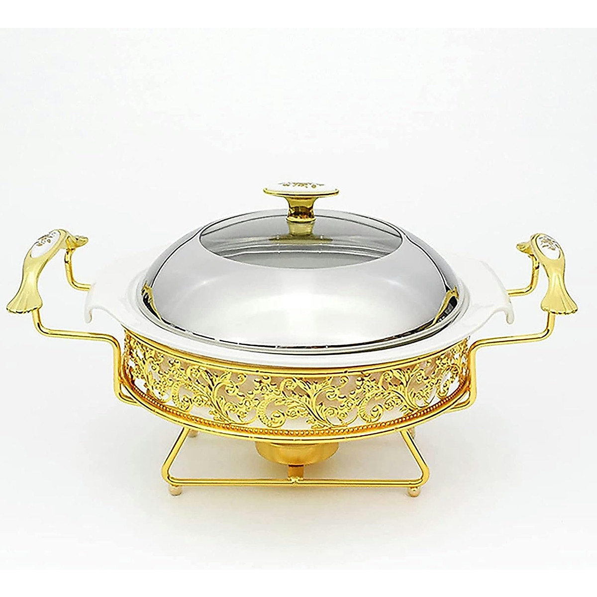 FLTRGO Food Warmer for Parties Buffets, Food Warming Tray Golden Pattern Chafing Dish Buffet Set, Round Stainless Steel Chafer with Lid for Buffet Weddings Parties Banquets Catering Events