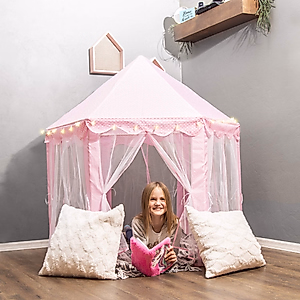 FoxPrint Castle Princess Tents for Little Girls with Lights, Soft Fairy Star Lighting for Indoor and Outdoor Play, Quick 55” x 53” Pop Up Canopy, Relaxation and Creative Space for Kids, Pink