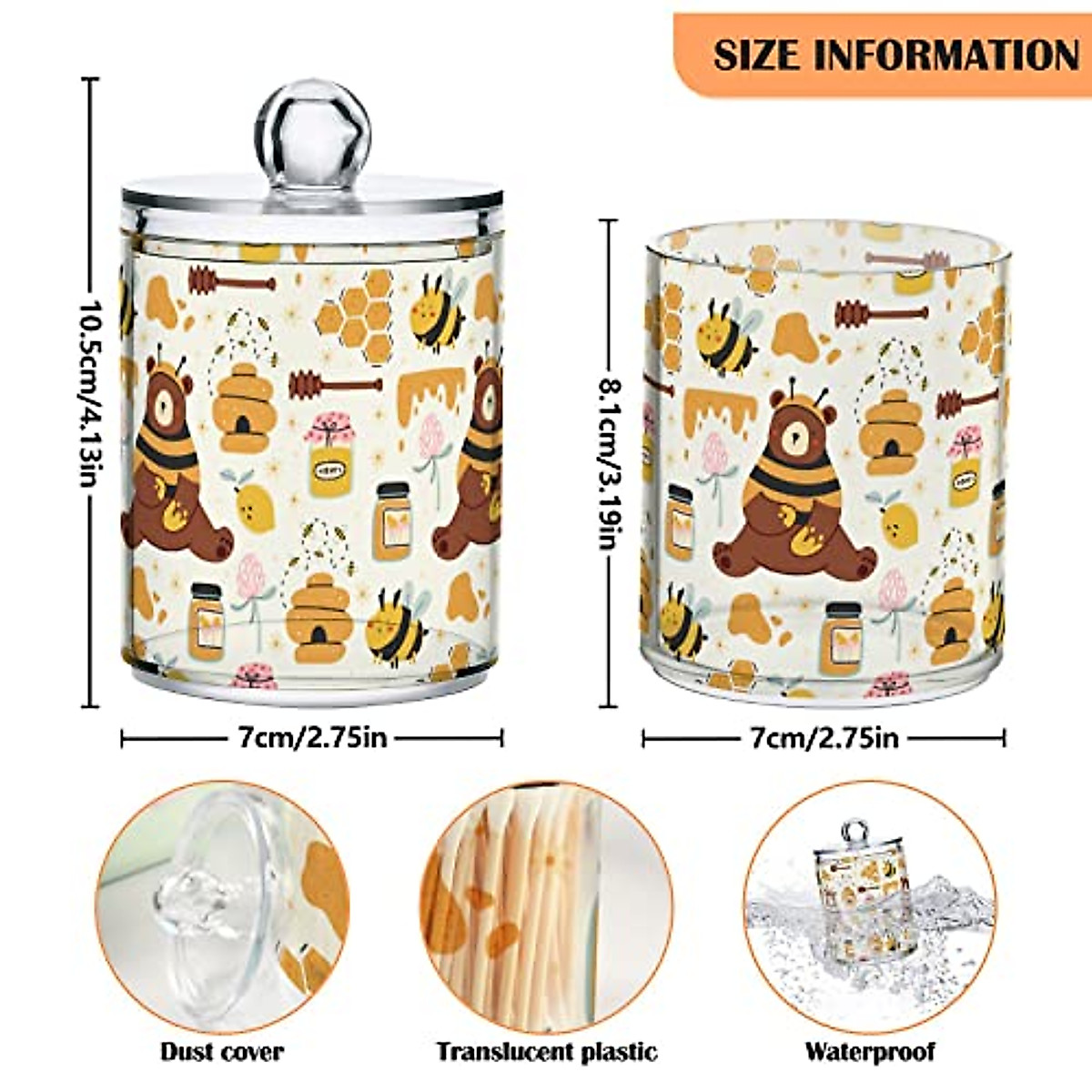 MNSRUU 2 Pack Qtip Holder Organizer Dispenser Bear Bee Bathroom Storage Canister Cotton Ball Holder Bathroom Containers for Cotton Swabs/Pads/Floss