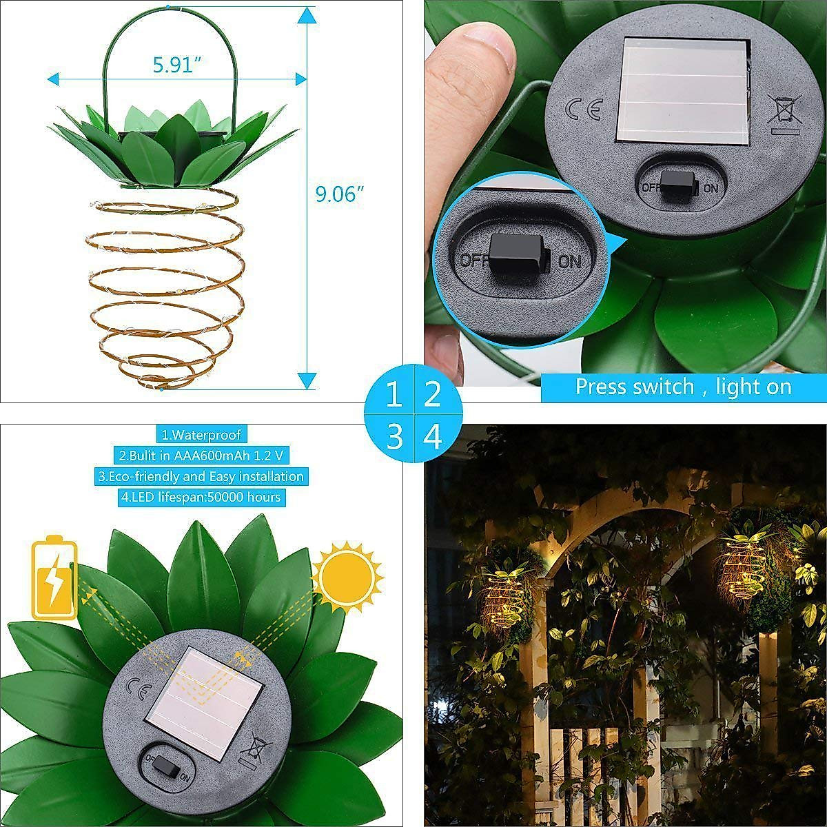 MUEQU 2Pcs Garden Solar Lights, Waterproof LED Solar Hanging Lantern Pineapple Fairy String Light,Solar Patio Lights Night Light for Yard Outdoor Home Decoration Light (Warm White)