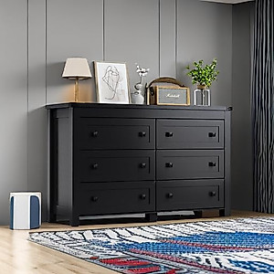 HUANLEGO Black Dresser for Bedroom with 6 Drawers, Modern Chest of Drawers, Wood Dressers Bedroom Furniture Wide Storage Drawers Dressers Organizer for Closet, Living Room, Hallway