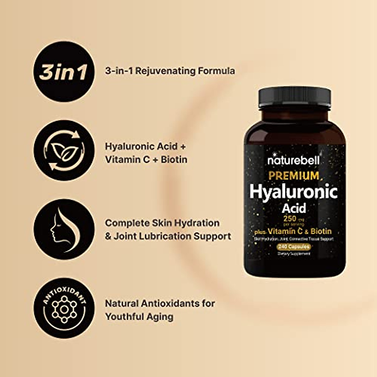 NatureBell Hyaluronic Acid Supplements 250mg | 240 Capsules, with Biotin 5000mcg & Vitamin C 25mg, 3 in 1 Support - Skin Hydration, Joint Lubrication, Hair and Eye Health