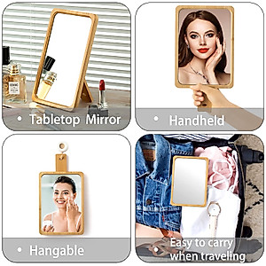 Jasefa Natural Bamboo Desk Table Mirror, Folding Makeup Mirror with Handheld/Stand,Portable Small Desktop Cosmetic Mirror Good for Travel, Cosmetic, Office,6.5" W x 9.1" L