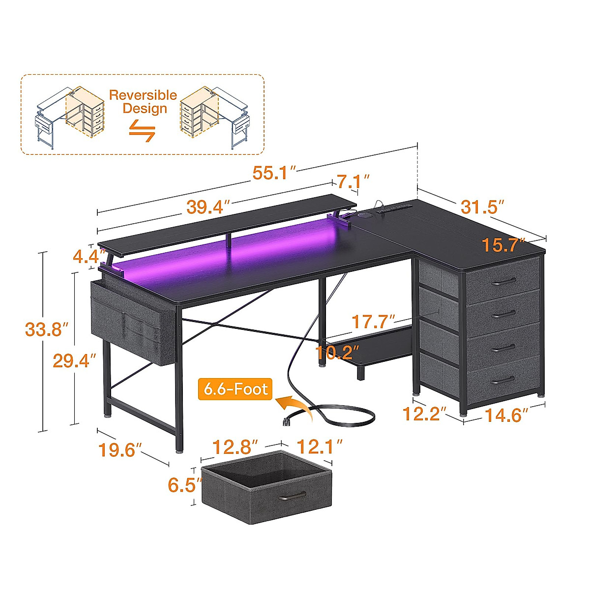 ODK 55-Inch L Shaped Gaming Desk with LED Lights & USB Power Outlets, Reversible Computer Desk with 4 Drawers, Corner Gamer Desk with CPU Shelf & Monitor Stand, Gaming Table for Bedroom, Black
